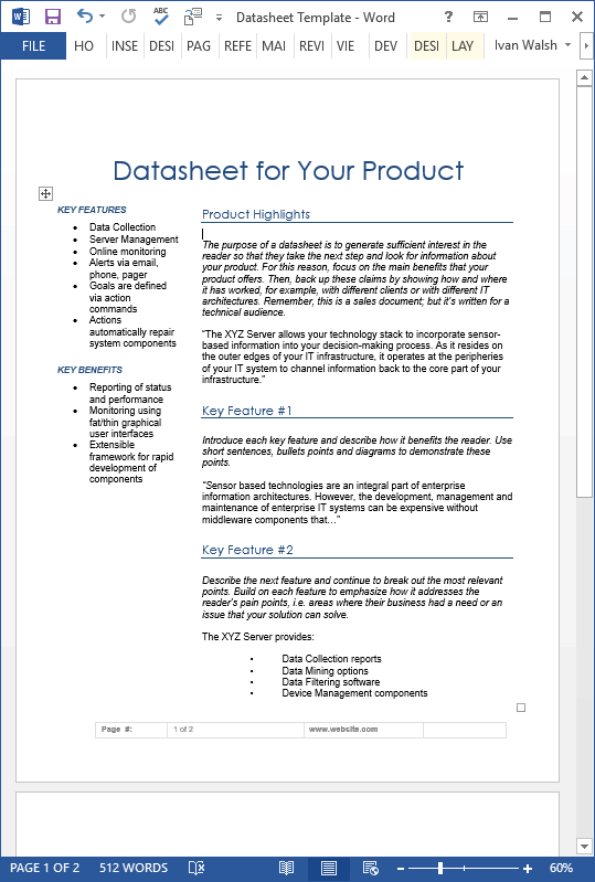 Datasheet Templates 2 X MS Word 