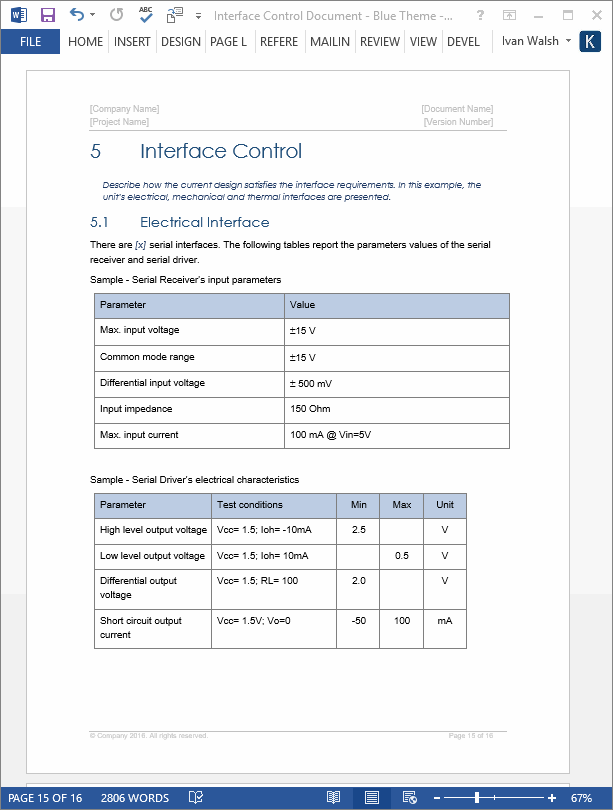 Interface Control Document Template MS Word Templates Forms 
