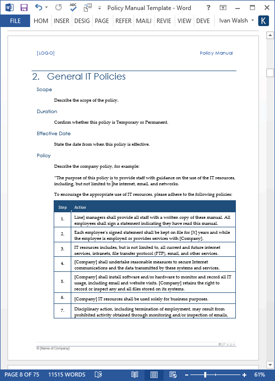 Download Policy Procedures Manual Templates MS Word 68 Pages With