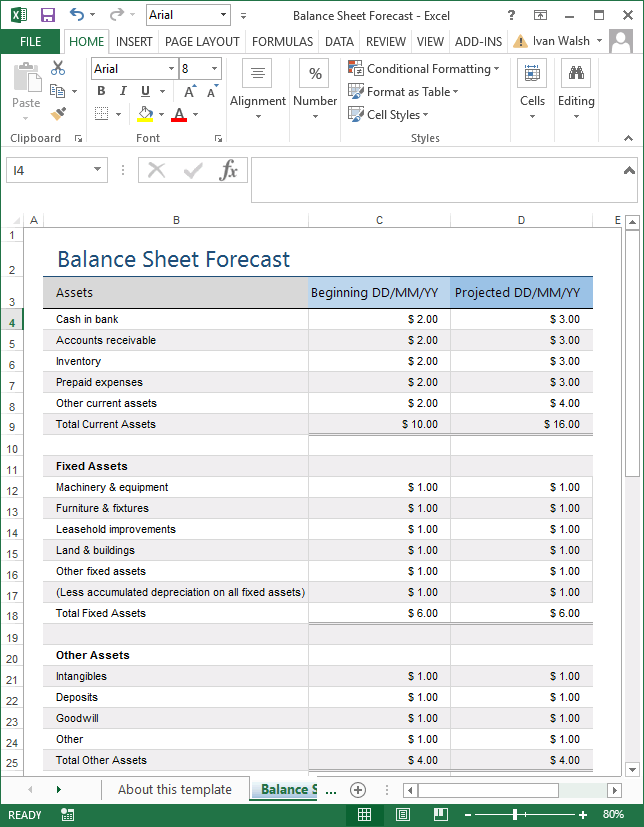 Excel Template Balance Sheet Projected