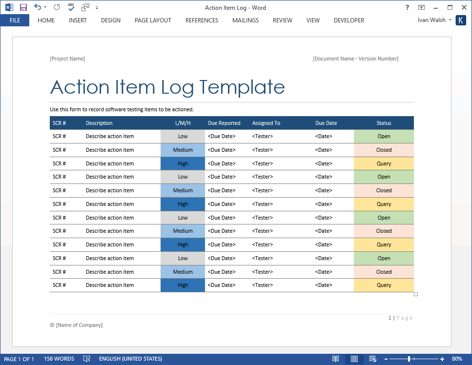 Action Item Log MS Excel Word Software Testing Templates