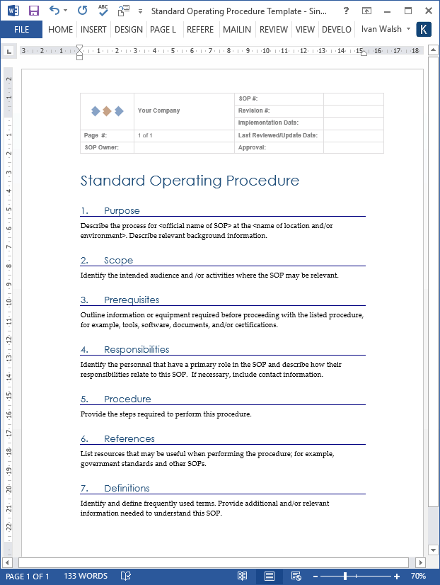 Standard Operating Procedure Templates MS Word Excel Templates 