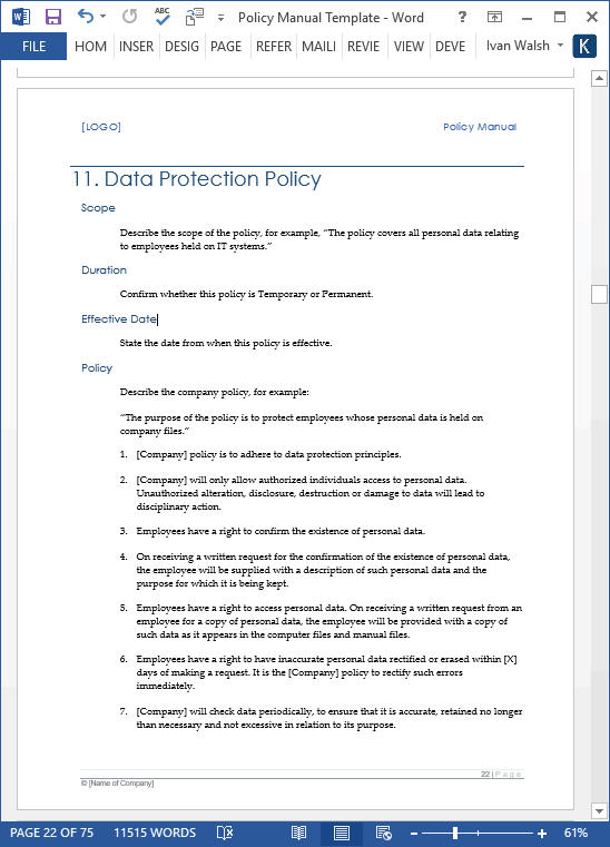 Policy Manual Template MS Word Excel Templates Forms Checklists 