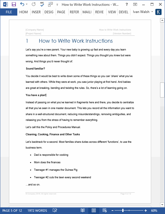 Work Instruction Templates MS Word Templates Forms Checklists For 