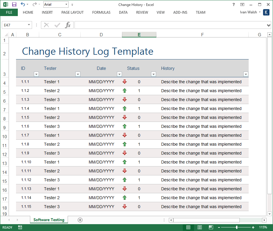 Change History Log Template MS Excel Software Testing Templates 