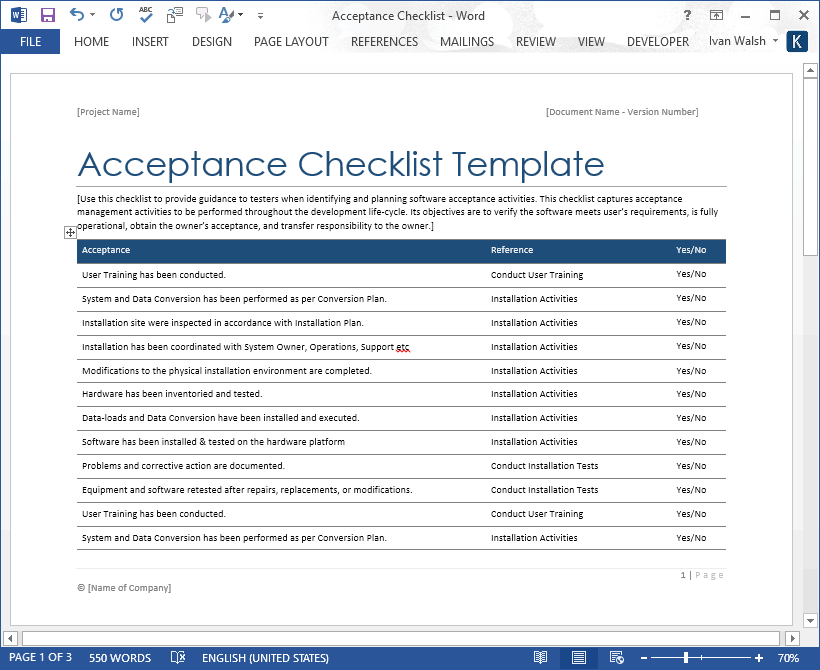 Software Testing Acceptance Checklist Template