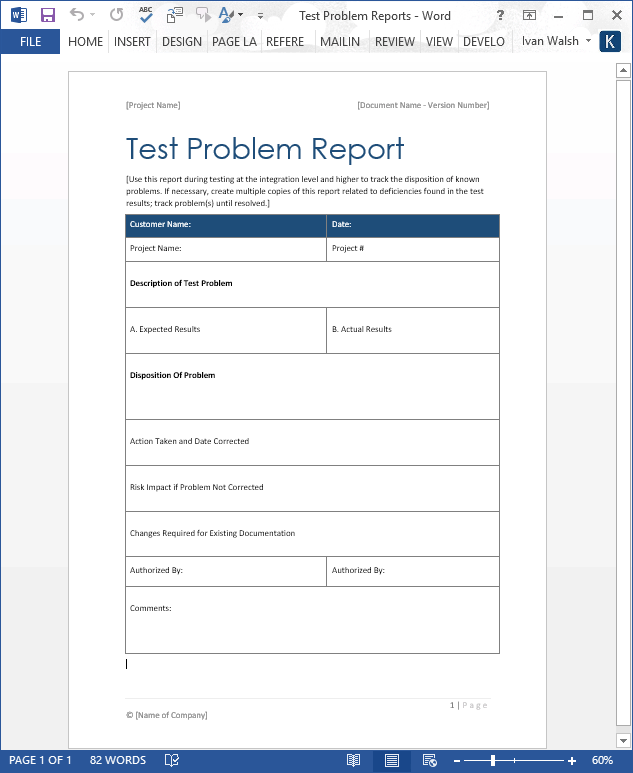 Test Problem Report Template MS Word