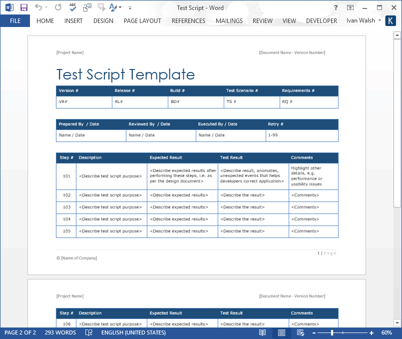 Test Script Template MS Word Templates Forms Checklists For MS 