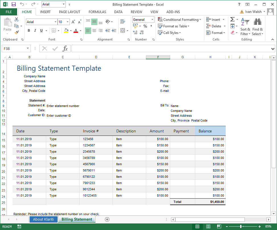 Billing Statement Excel Template Templates Forms Checklists For 