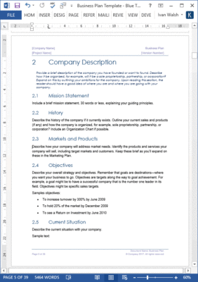 Business Plan Template (MS Office) – MS Office Templates with AI prompts