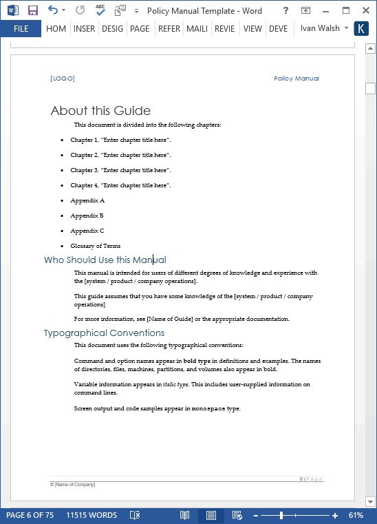 Policy Manual Template MS Word Templates Forms Checklists For MS 